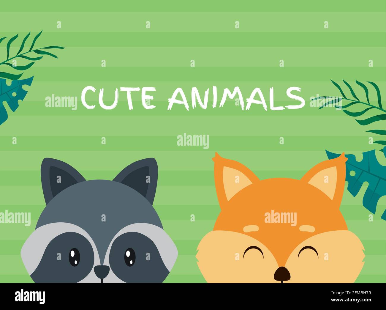 Cute raccoon and fox cartoon on green background Stock Vector Image ...