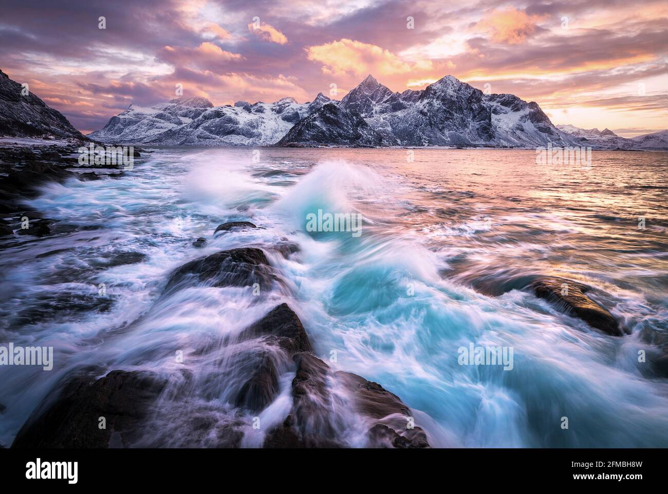 The stormy Vareid beach in Lofoten, Norway at sunset Stock Photo - Alamy