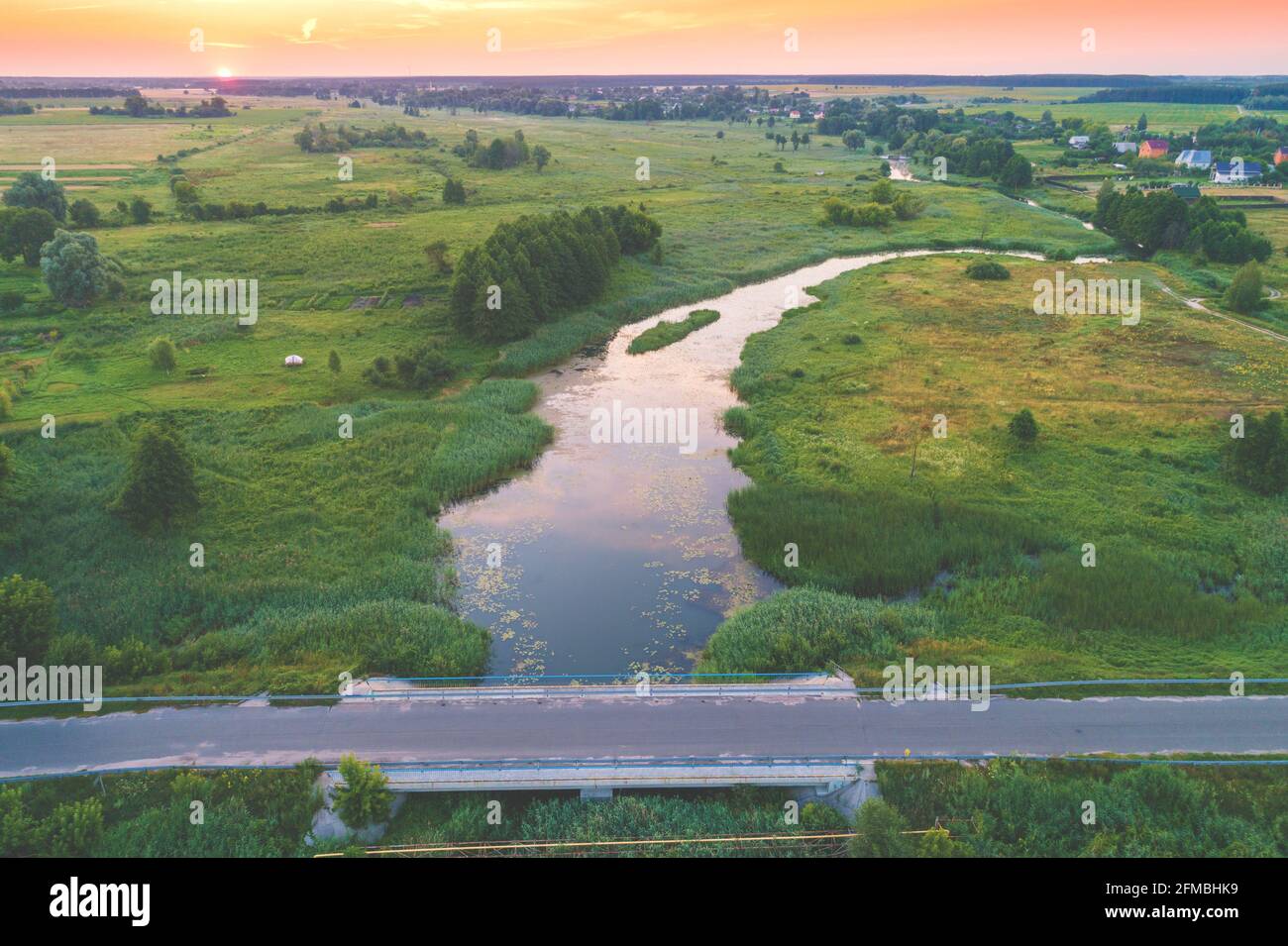 Top view of a river in the countryside on a sunny day. Nature landscape ...