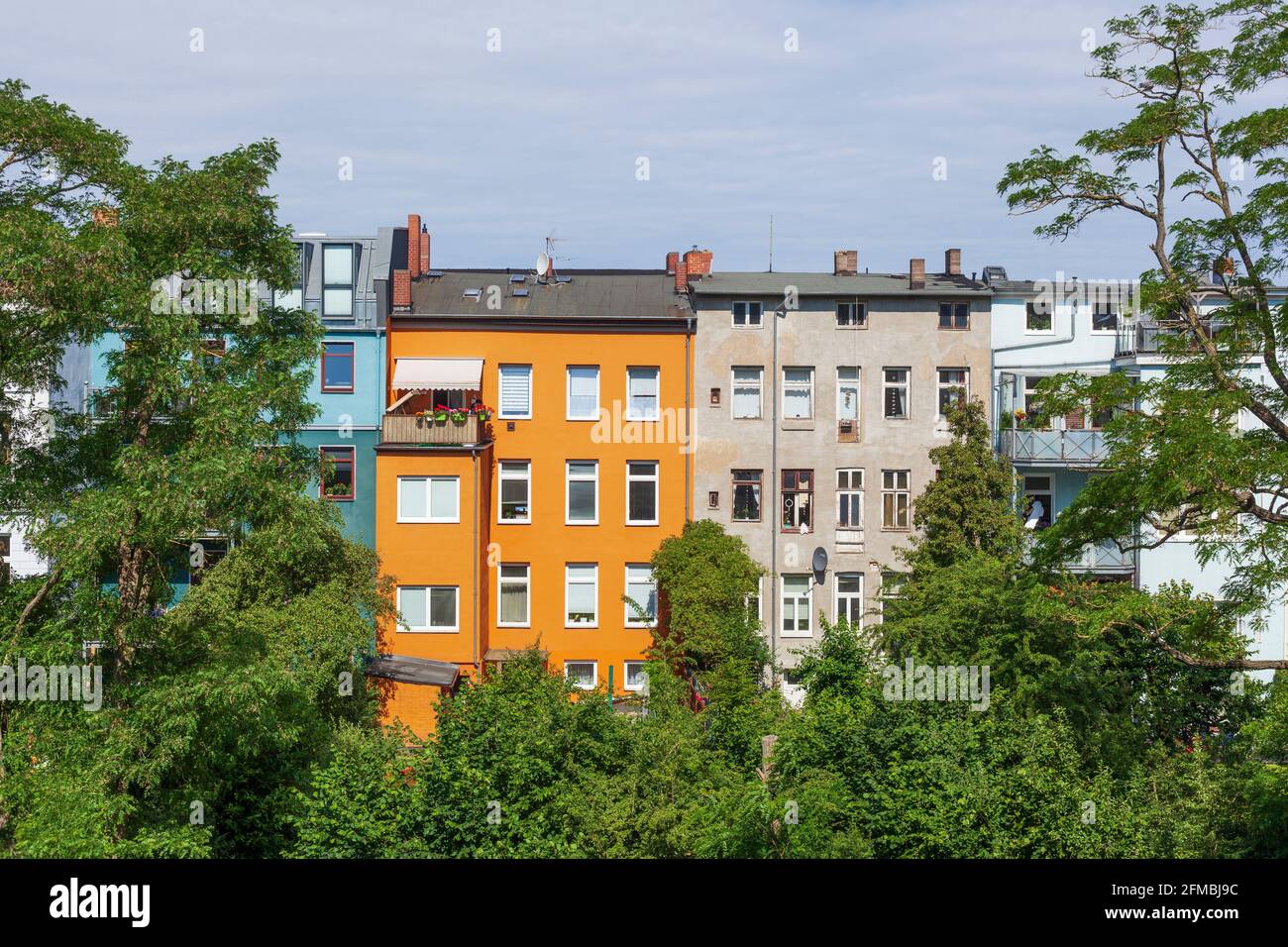 Old residential buildings, row houses, rear view, Rostock, Mecklenburg ...