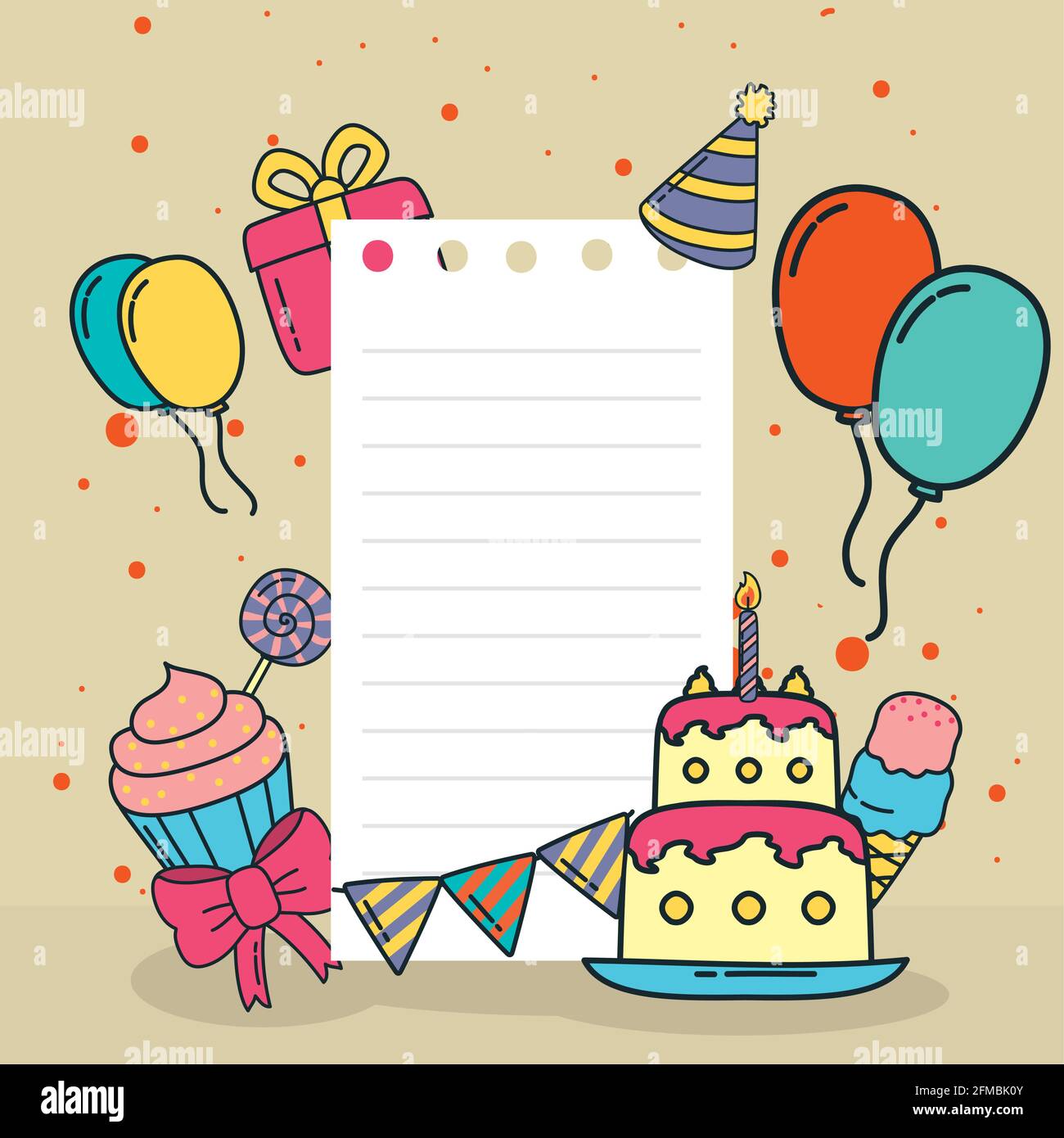 happy birthday cake paper note and icons Stock Vector Image & Art - Alamy