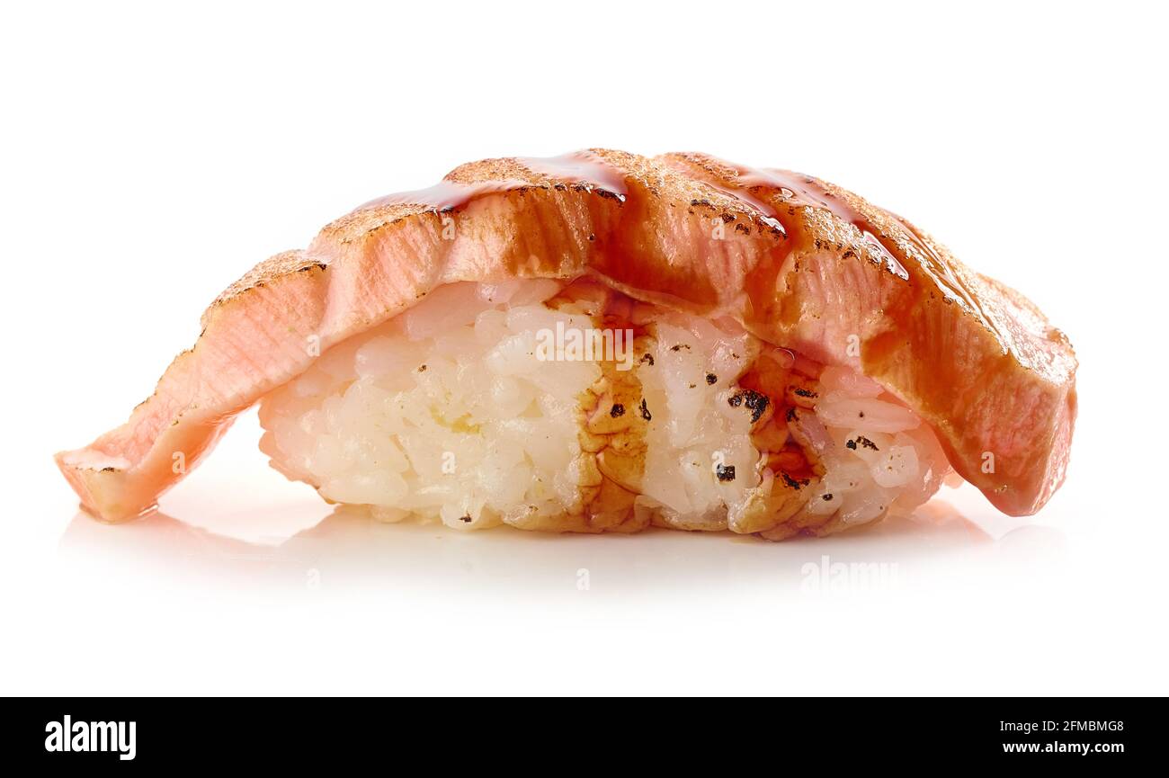 burnt salmon sushi with soy sauce isolated on white background macro ...