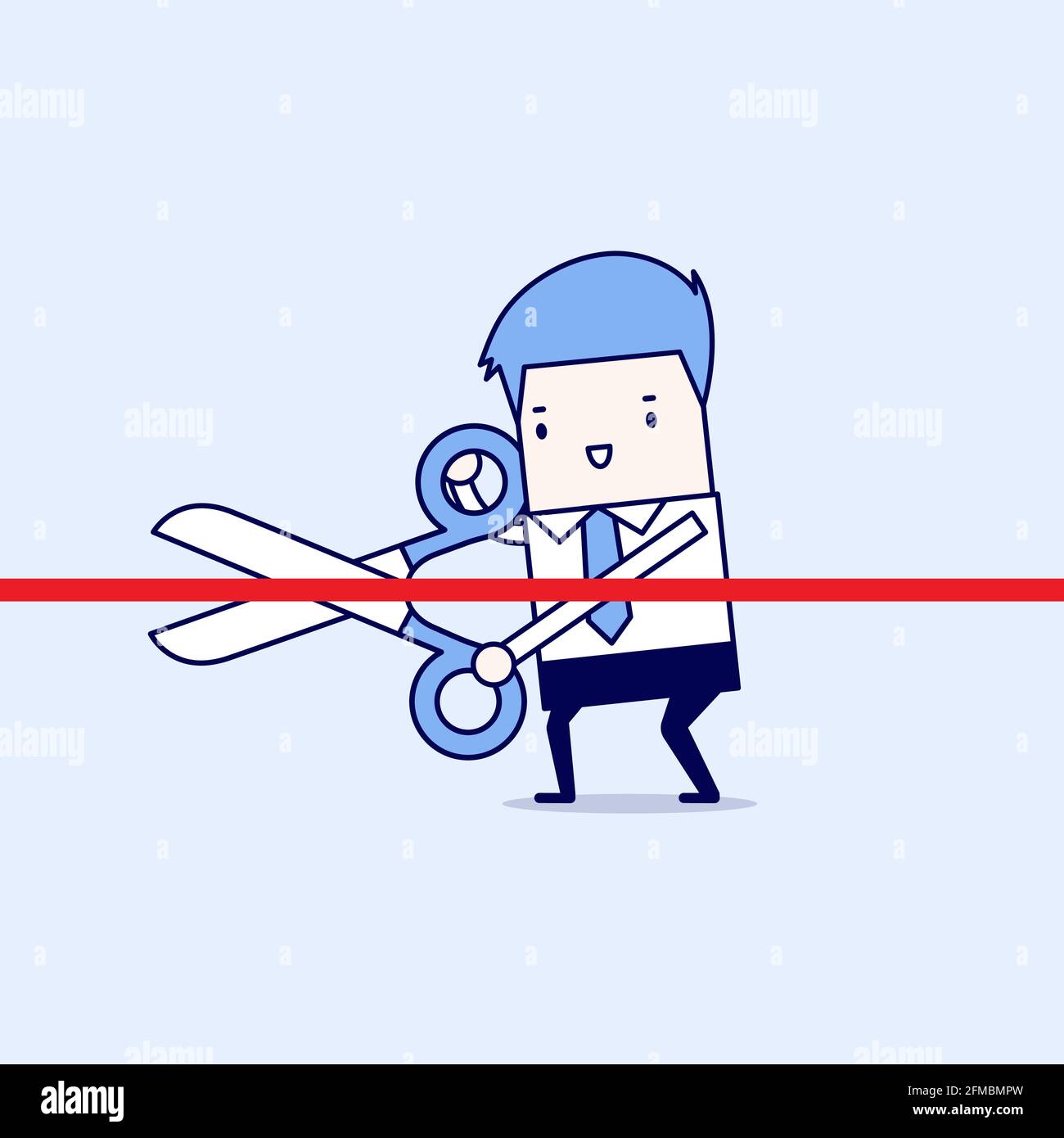 Businessman cutting a red ribbon with scissors. Cartoon character thin ...