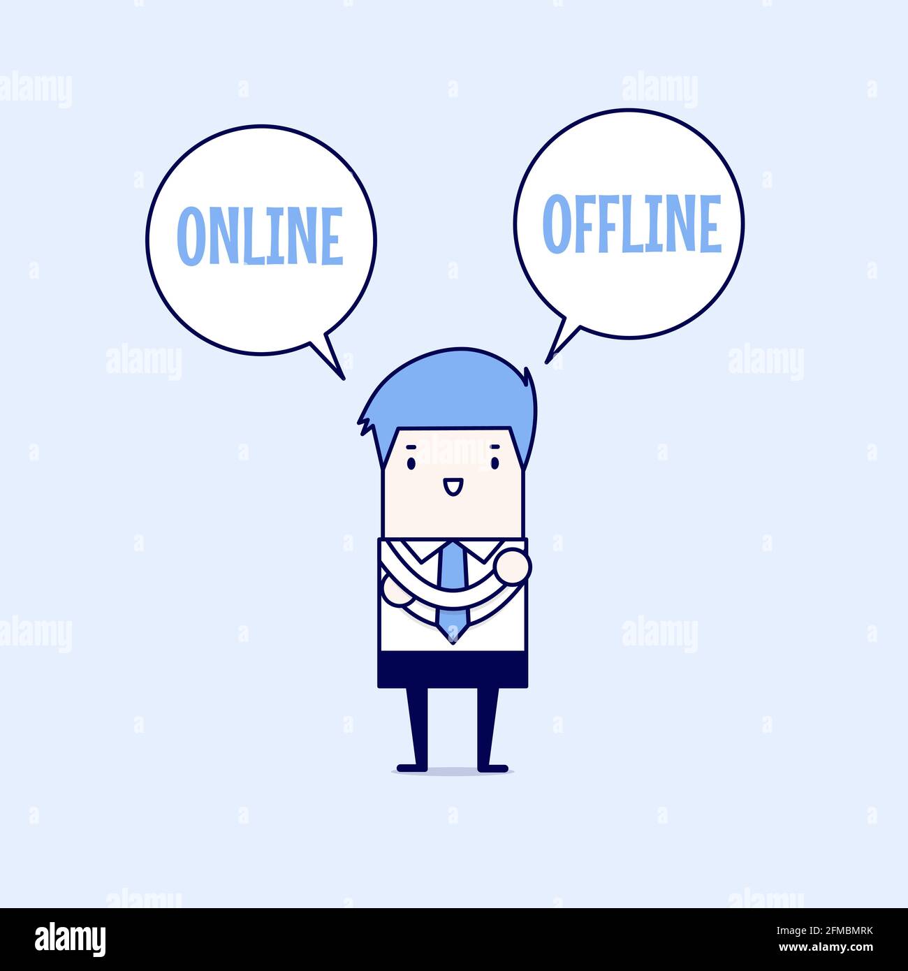 Businessman standing confuse to choose between two option online or offline. Cartoon character ...