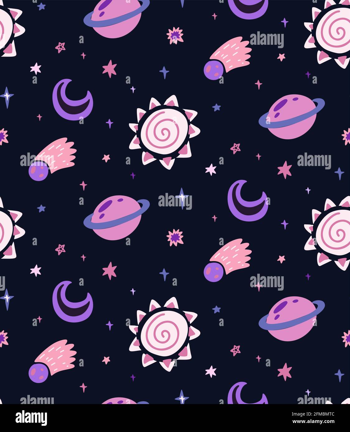 Seamless childish cosmos pattern with stars, comet, sun and saturn ...