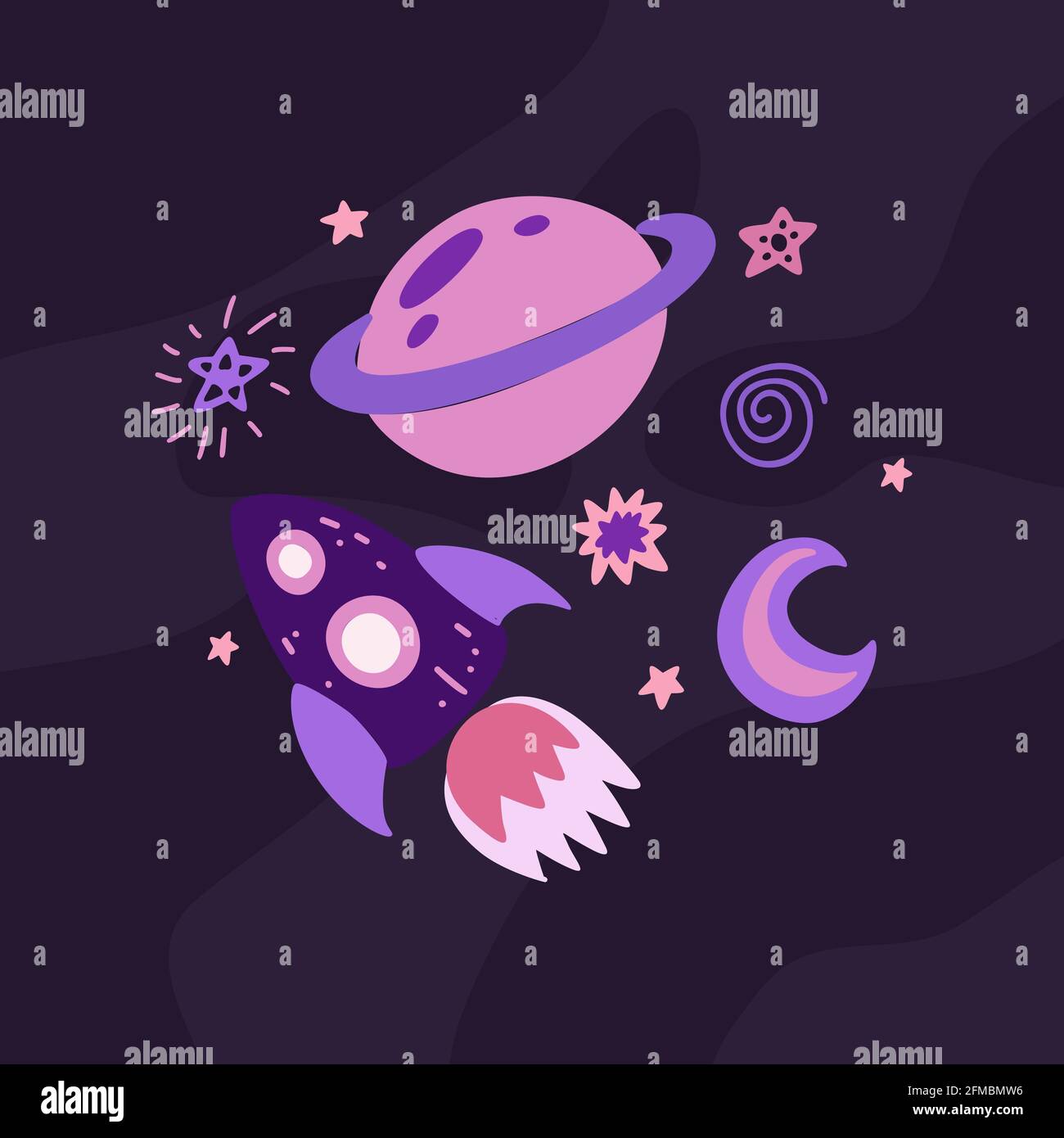 Childrens illustration of a spaceship with a crescent moon, Saturn and ...