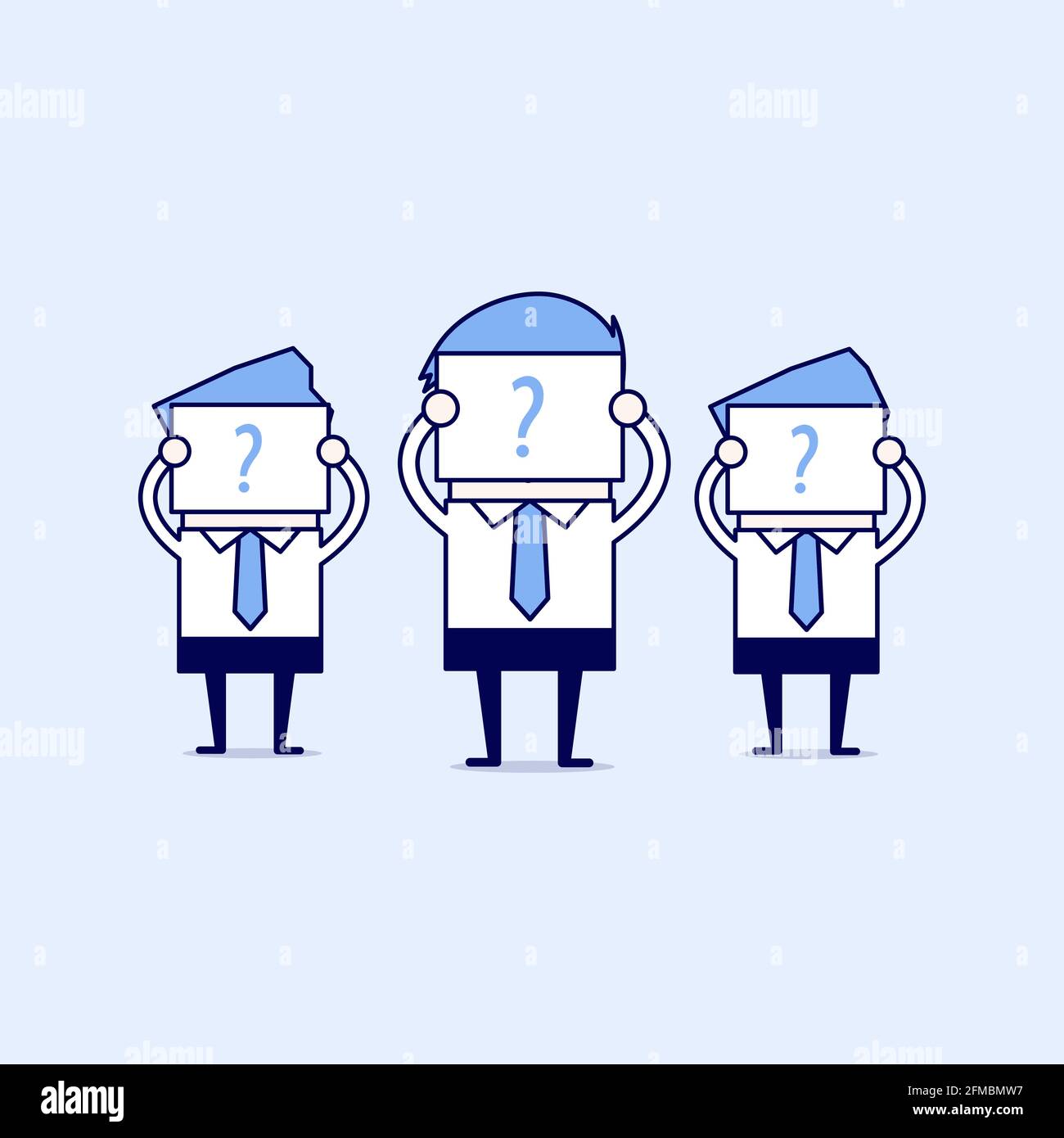 Businessman hold signs with question marks, as yet unable to determine who they are. Cartoon ...