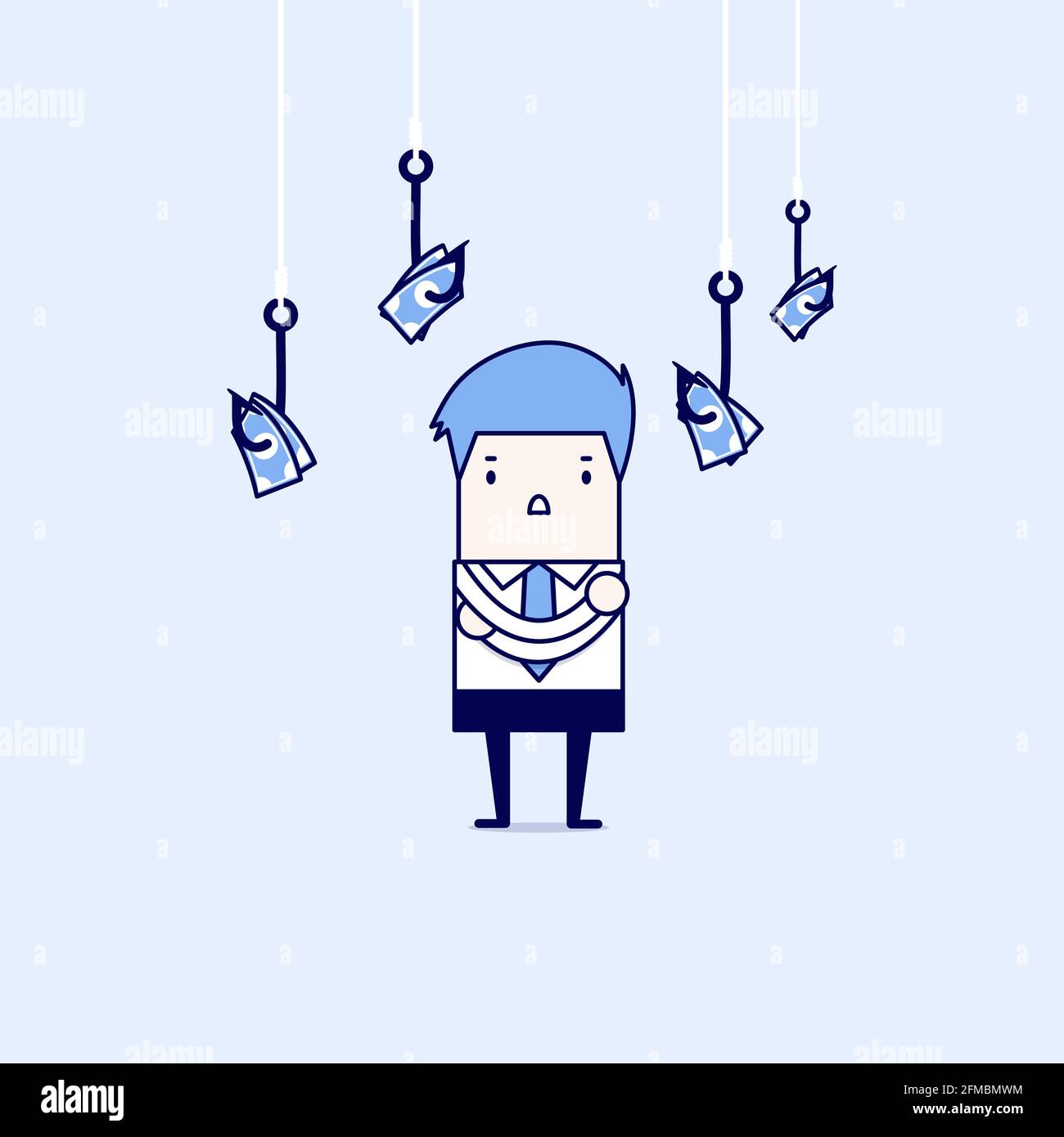 Businessman selects one of fishing hooks with money. Cartoon character ...