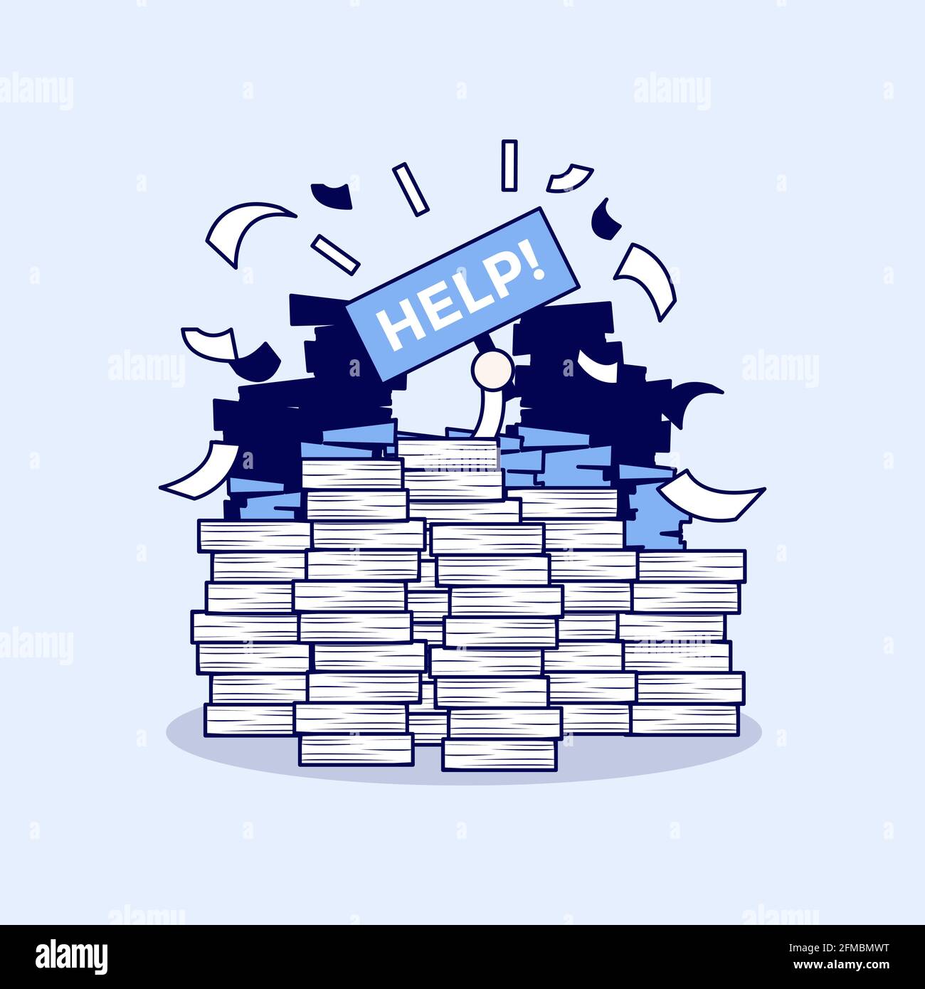 Overworked businessman under a lot of documents and holding a HELP ...