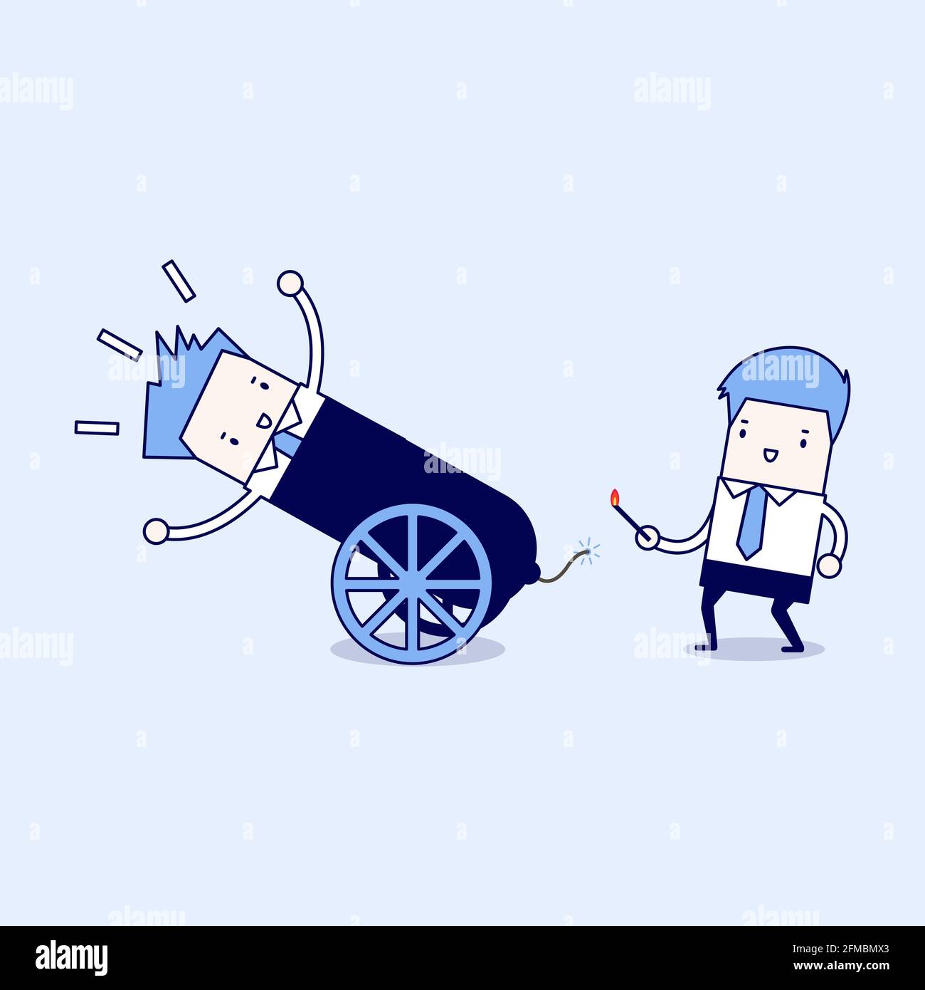 Businessman in cannon, shortcuts to success. Cartoon character thin ...
