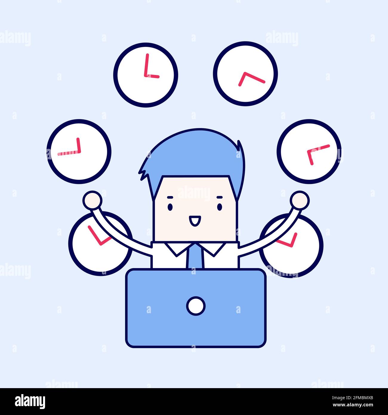 Businessman working with many clocks. Cartoon character thin line style ...