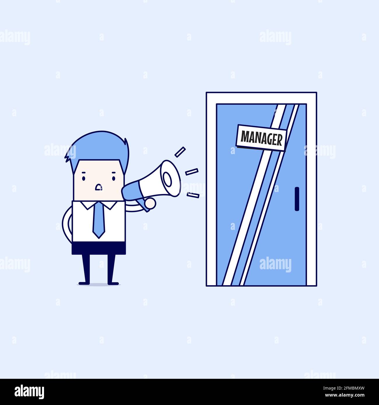 Businessman shouting through megaphone outside manager room. Cartoon ...