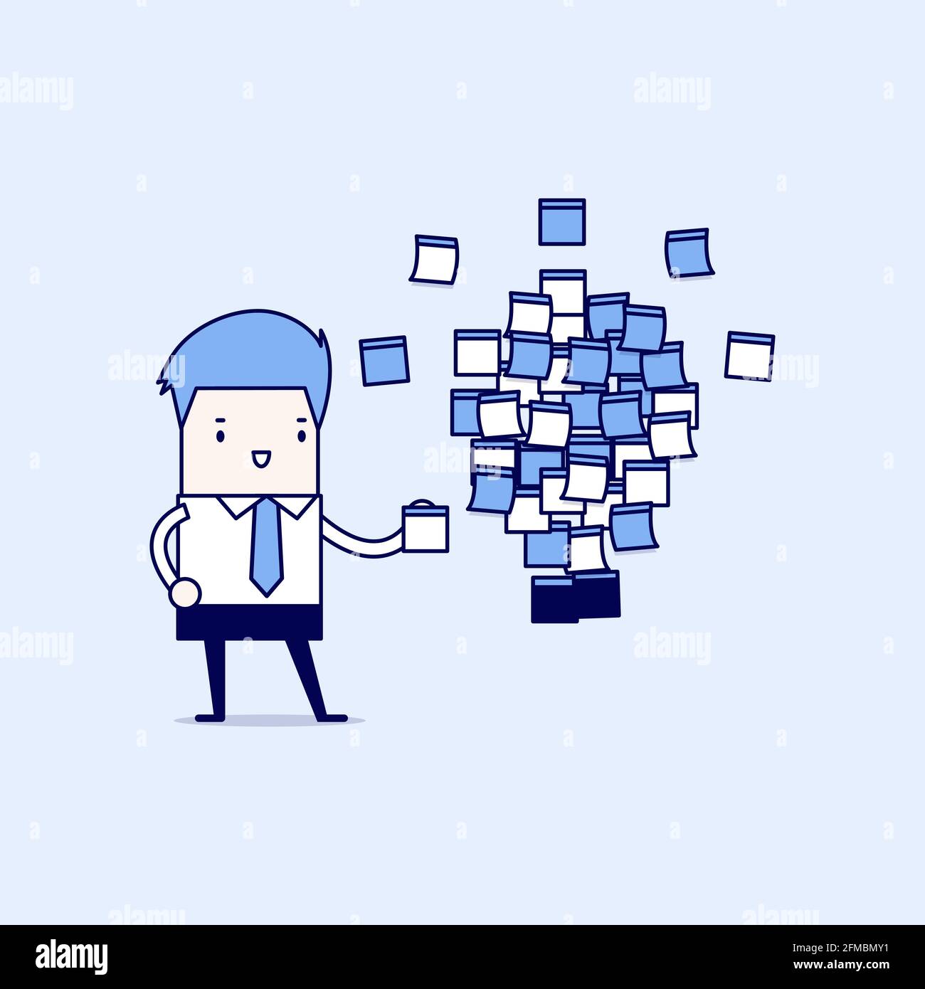 Businessman with a lot of stickers with ideas on the wall. Cartoon ...