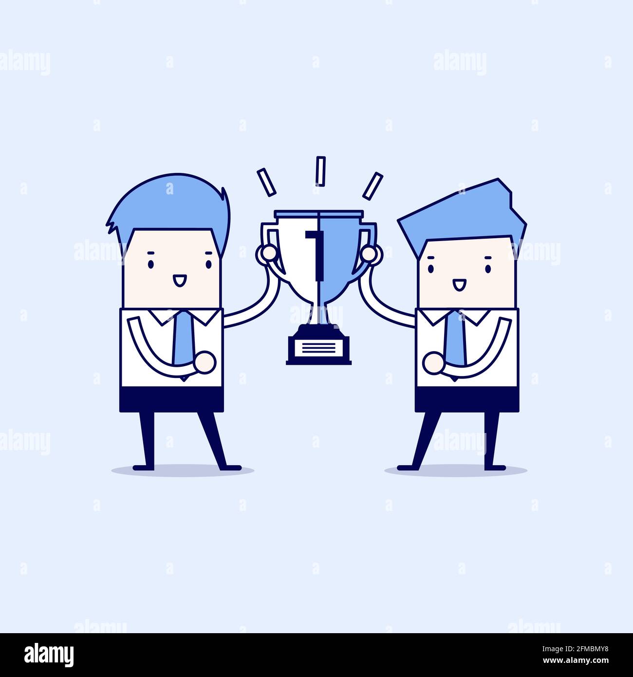 Two businessmen holding gold winner cup together. Cartoon character ...