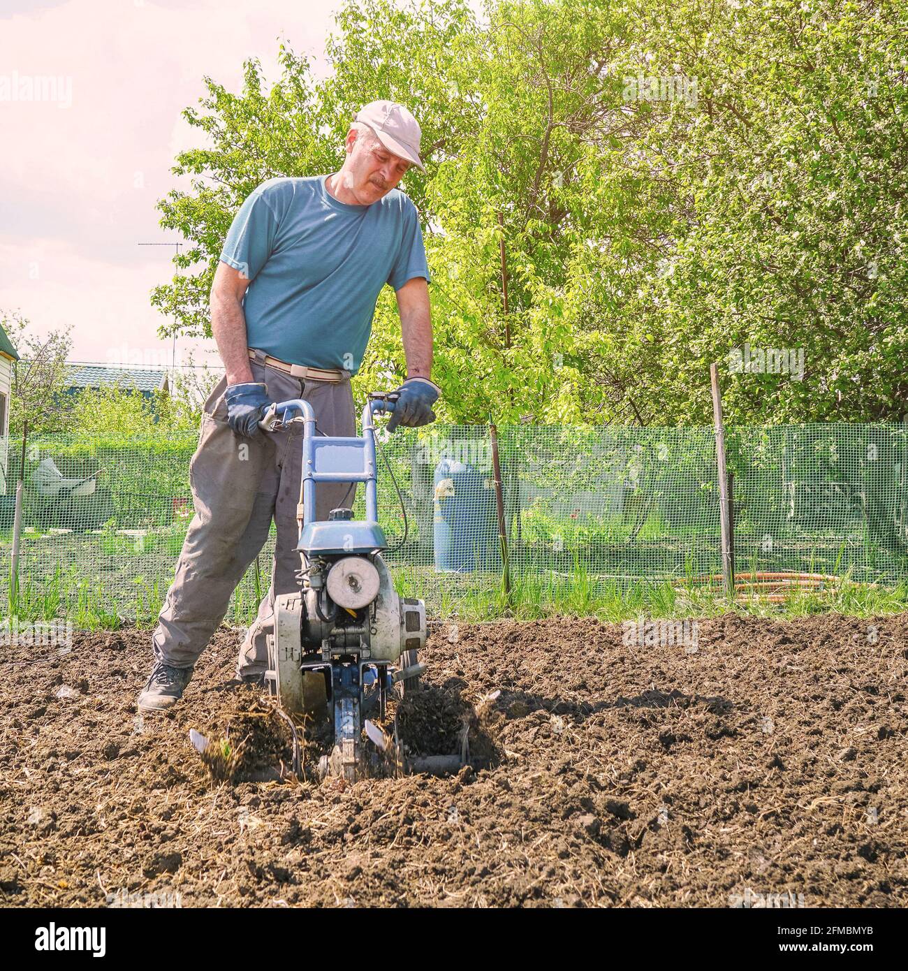 A man cultivates the soil in the garden using a motor cultivator ...