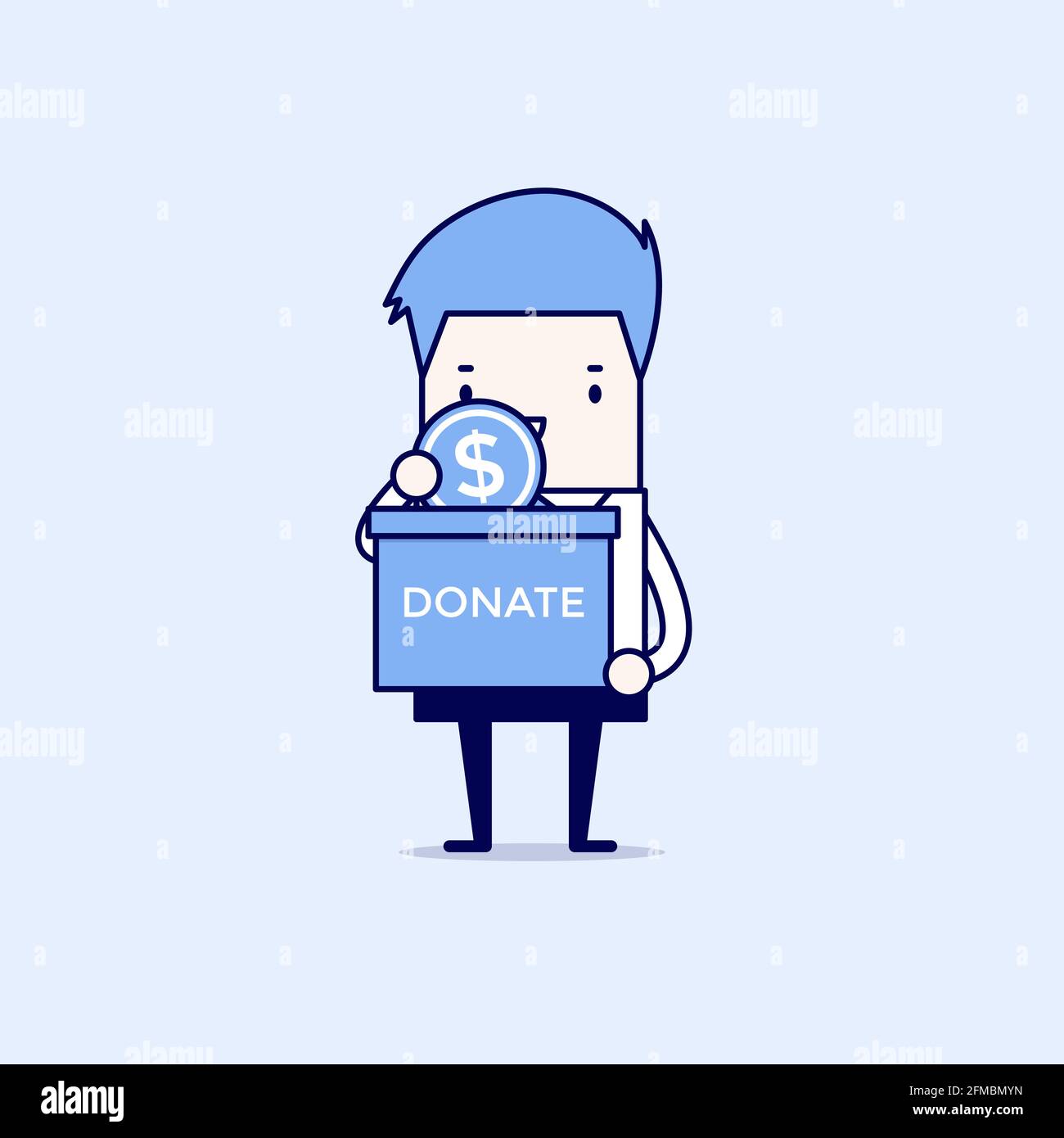 Businessman putting coin in the donation box. Cartoon character thin ...