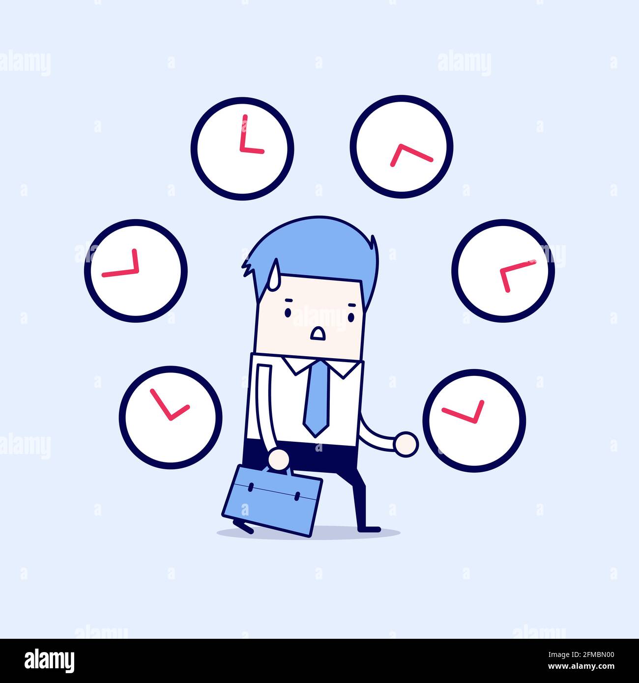 Businessman with many clocks. Cartoon character thin line style vector ...