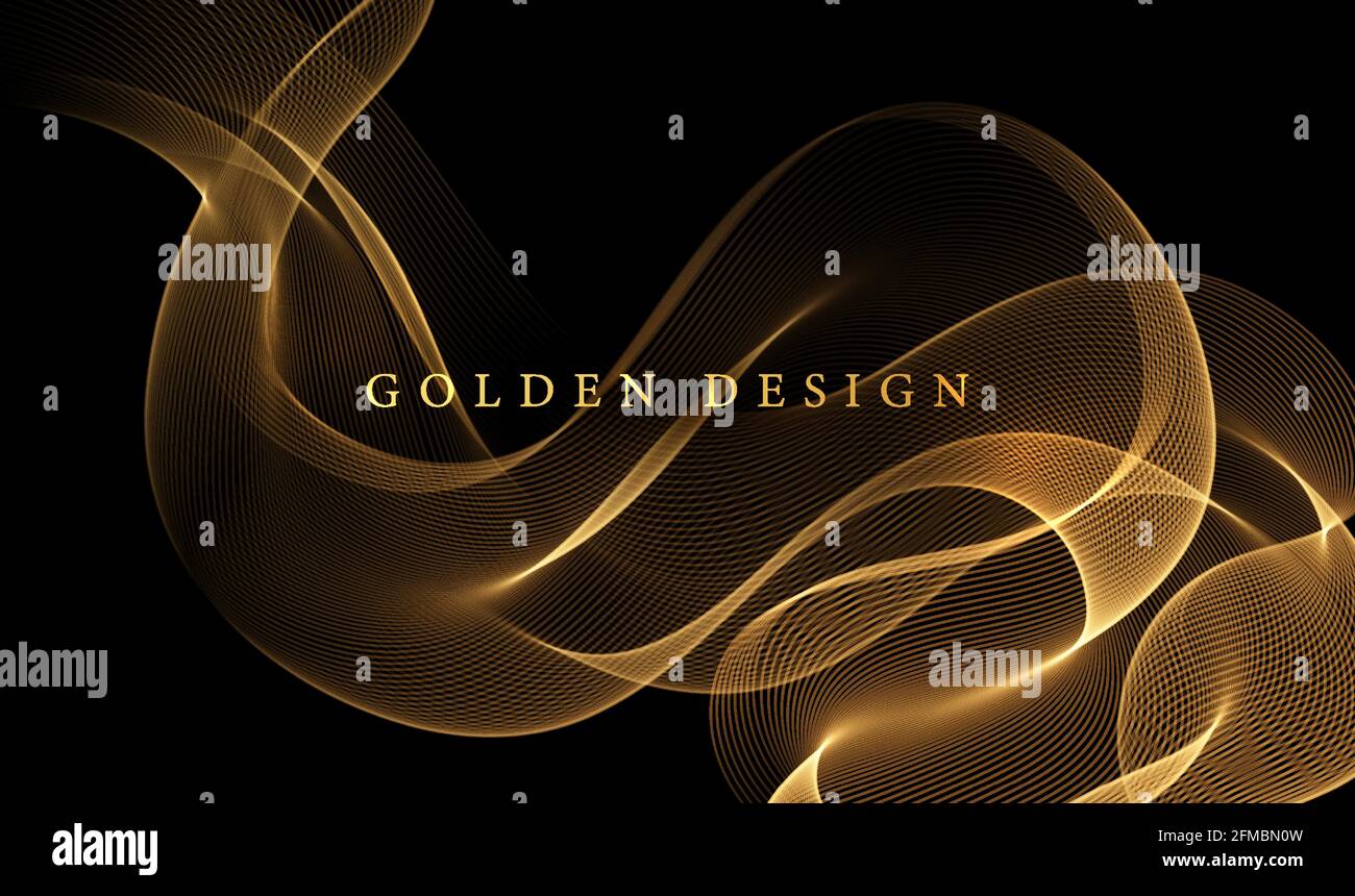 Abstract Gold Waves. Shiny golden moving lines design element on dark ...