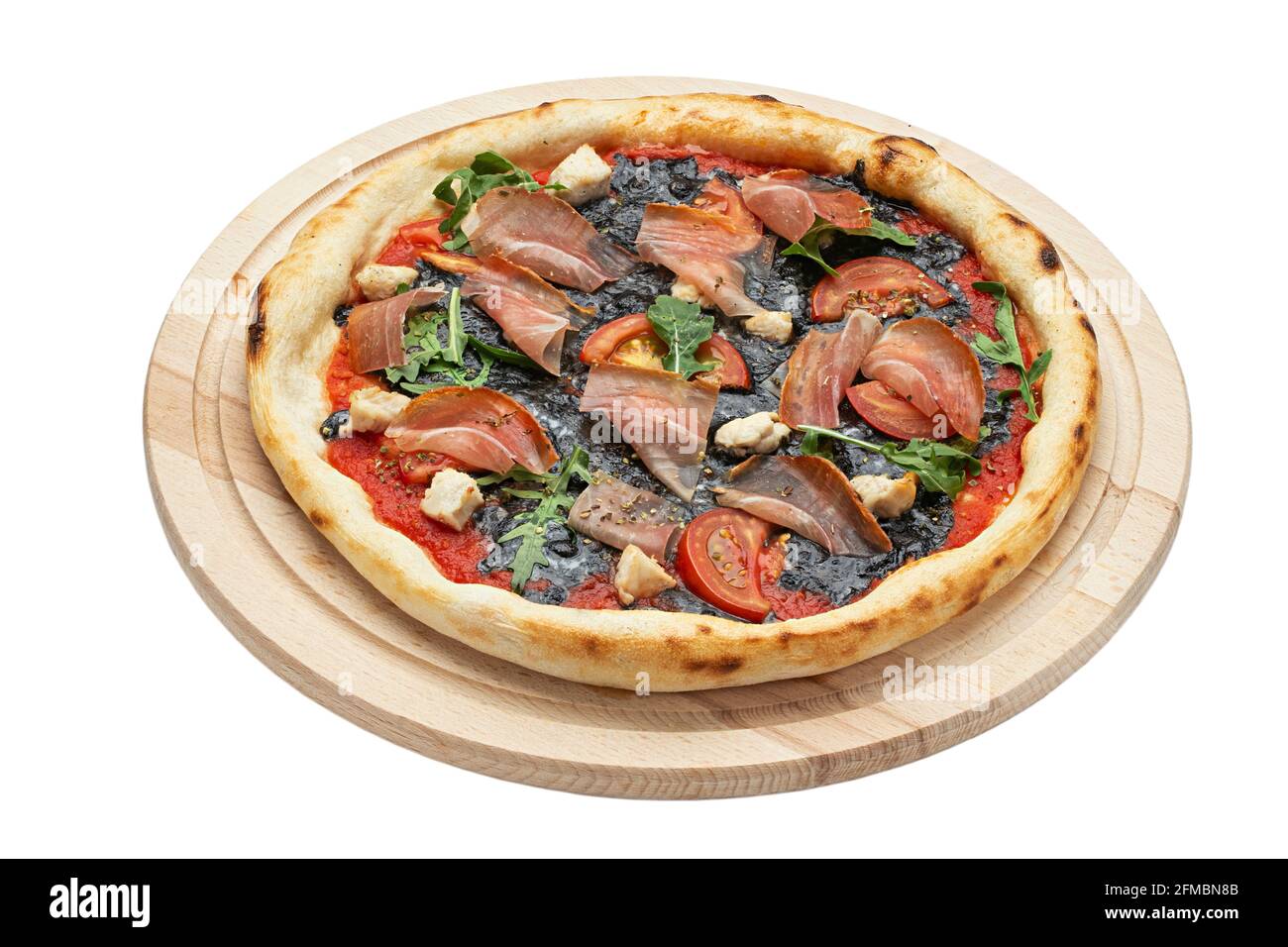 Delicious pizza with mozzarella, cuttlefish ink, served on a wooden ...