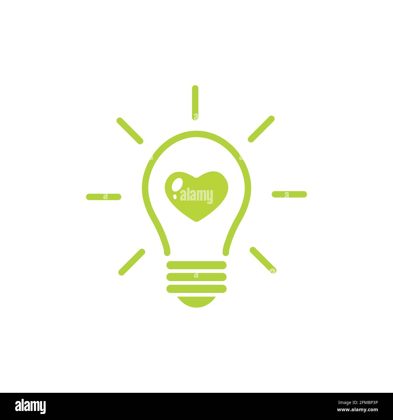 Green bulb with rays and green heart inside. flat icon. Isolated on ...