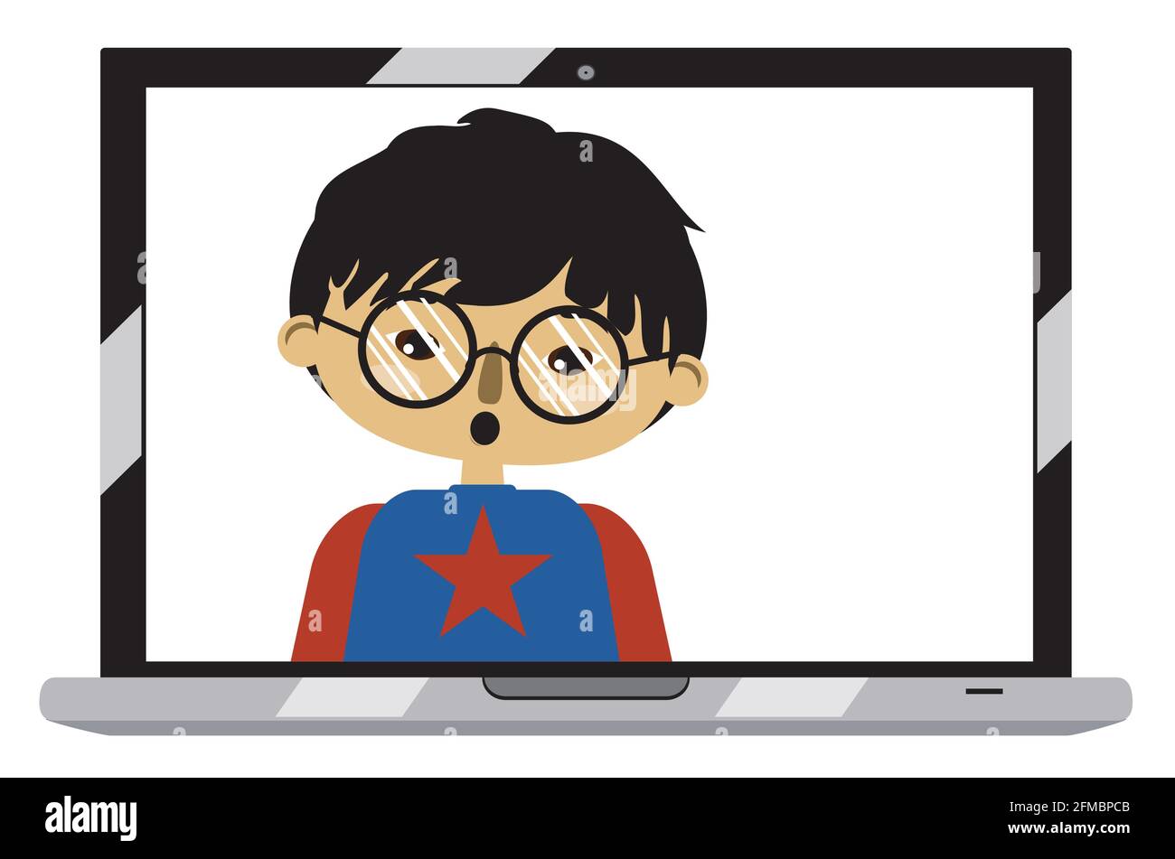Cartoon asian boy on laptop screen, chatting online, distance ...