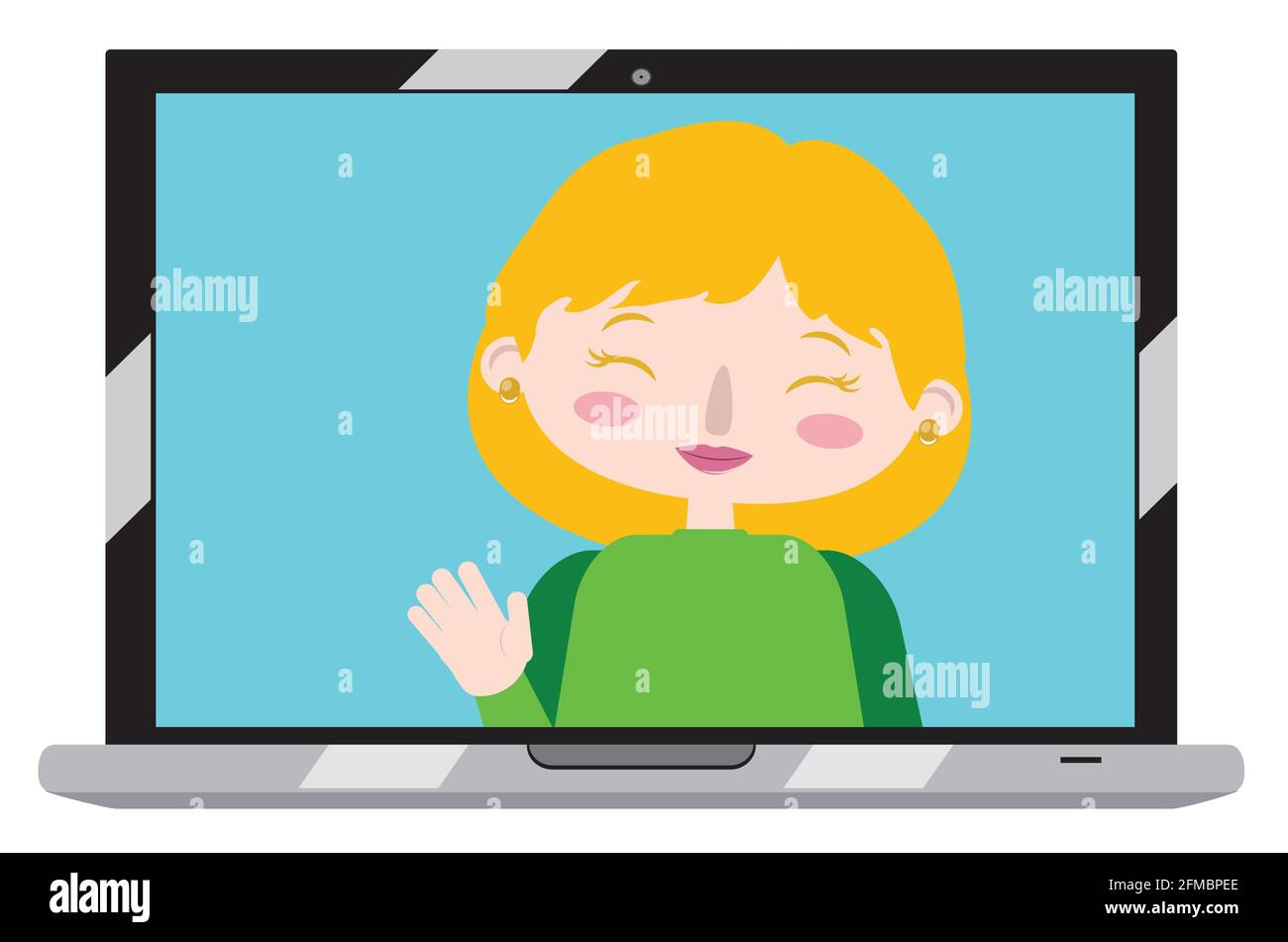 Cartoon blonde girl on laptop screen, chatting online, distance ...