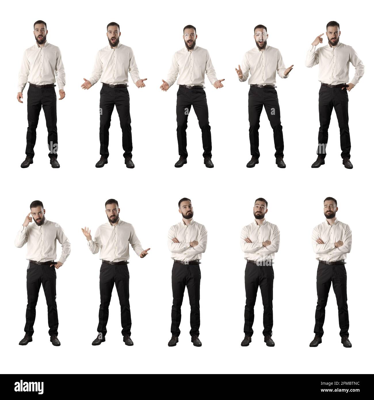 Set of surprised business man, mad showing crazy finger gesture and ...