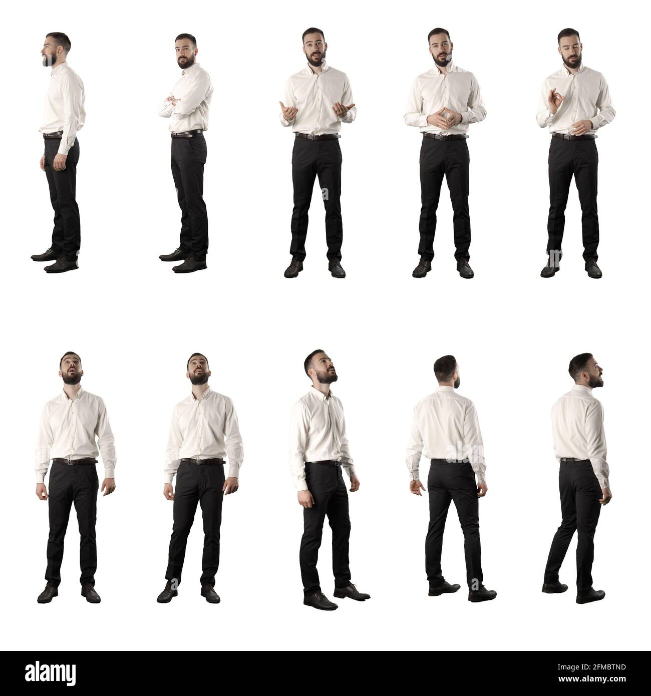 Set of talking business man at presentation and looking around amazed ...