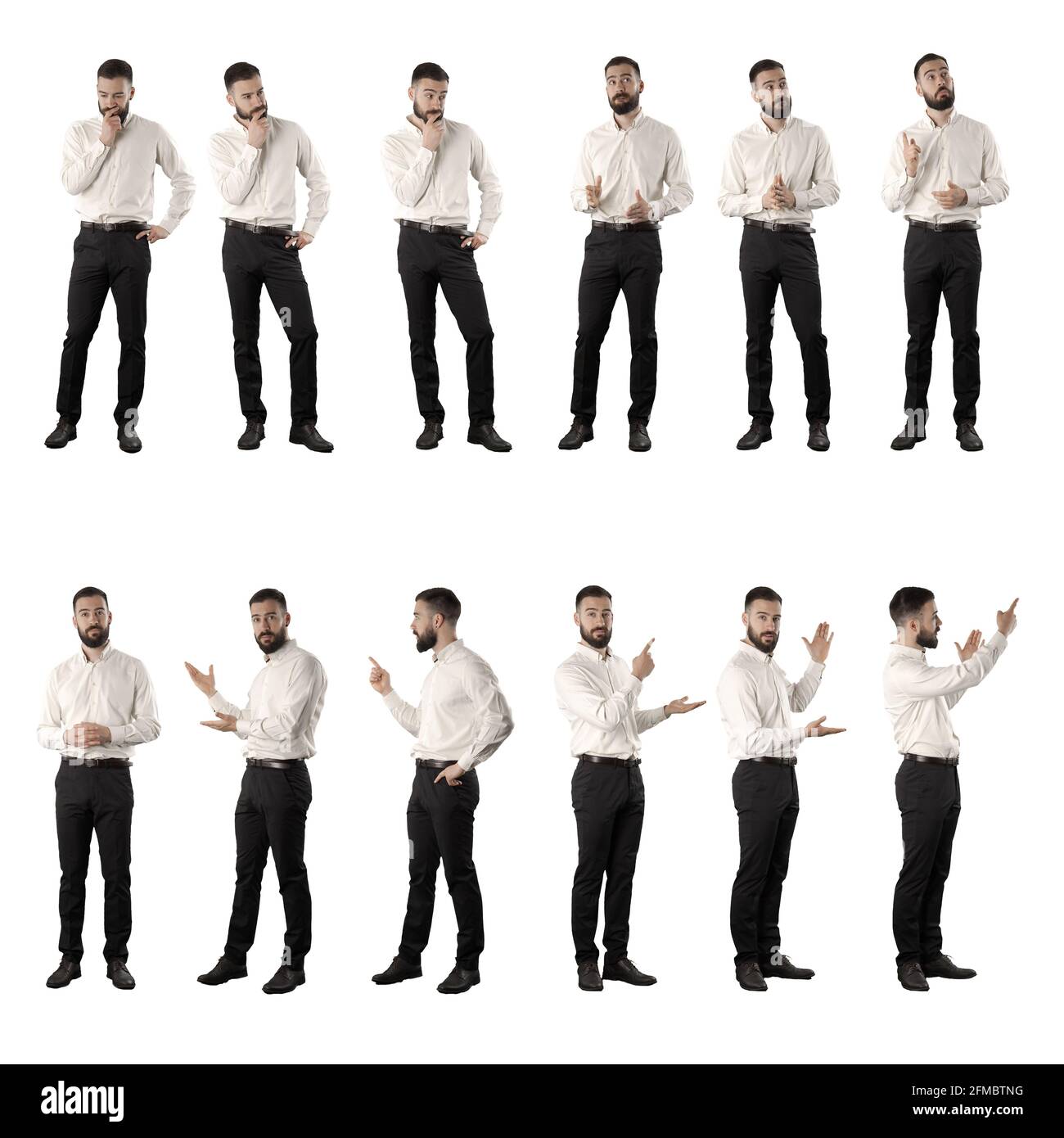 Set of business man thinking, having idea and presenting and showing ...