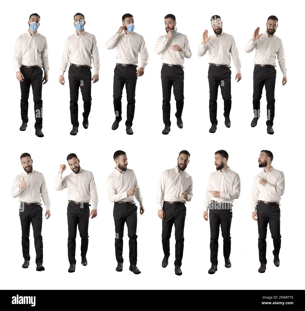 Set of walking business people with surgical face mas greeting and ...