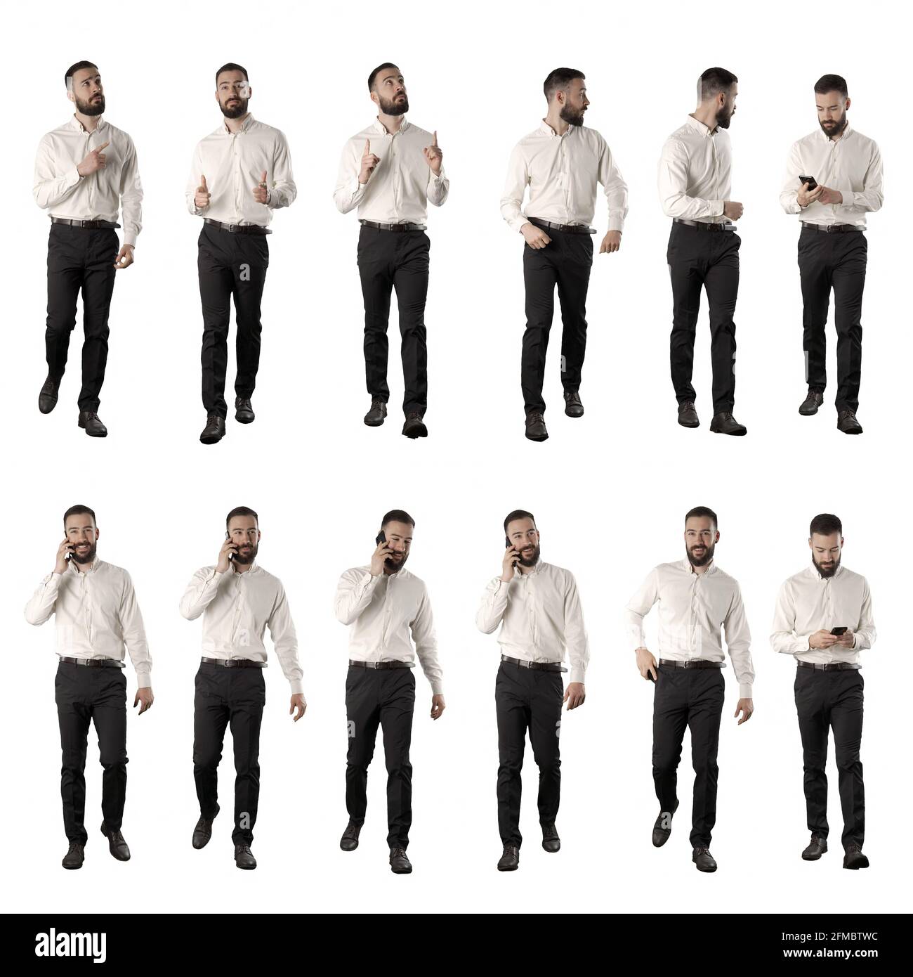 Collection of happy business people walking and pointing up and talking ...