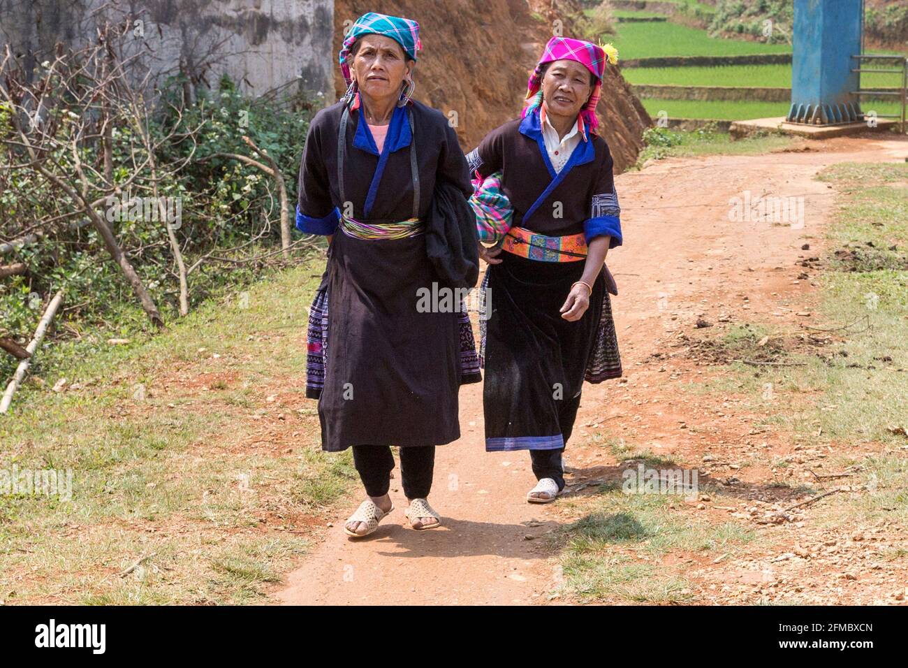 Women from H'mong tribe, with terraced rice fields in distance, Mu Cang ...