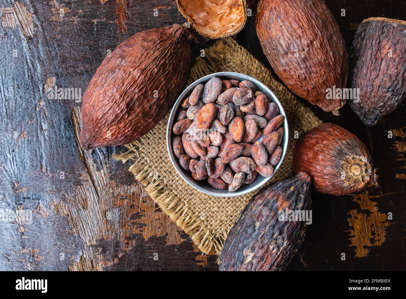 Dried cocoa fruit and cocoa beans in a bowl on the table Stock Photo ...