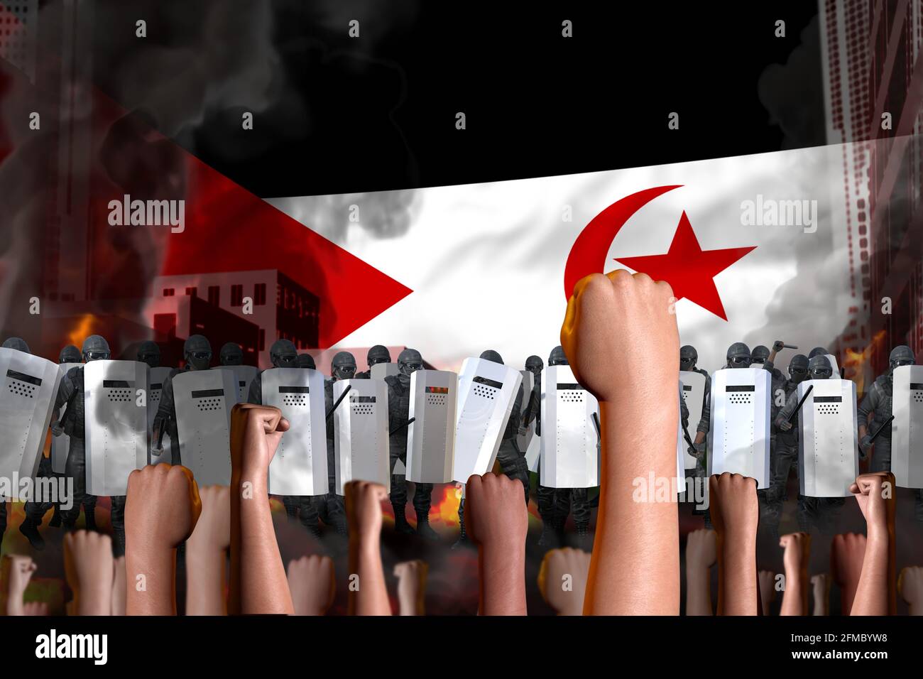 riot fighting concept - protest in Western Sahara on flag background ...