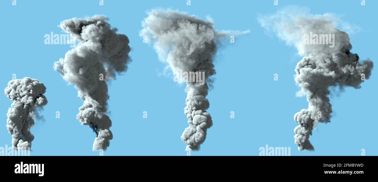 4 different renders of solid gray smoke column as from volcano or huge ...
