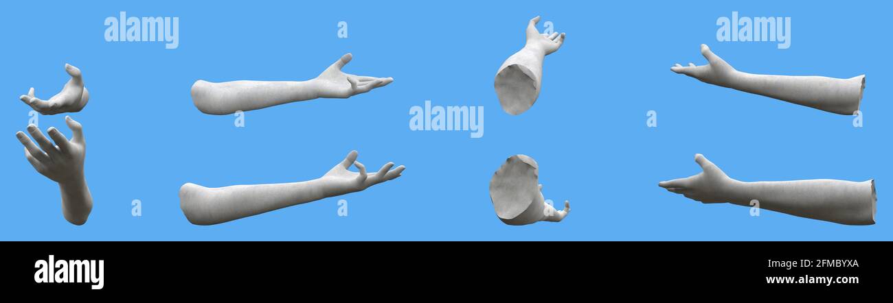Set of grey stone statue hand realistic renders isolated on blue ...