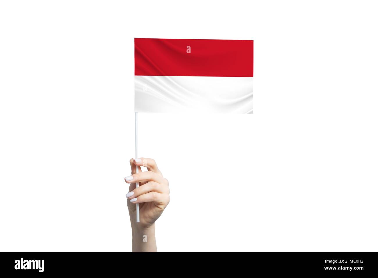 Beautiful female hand holding Monaco flag, isolated on white background ...