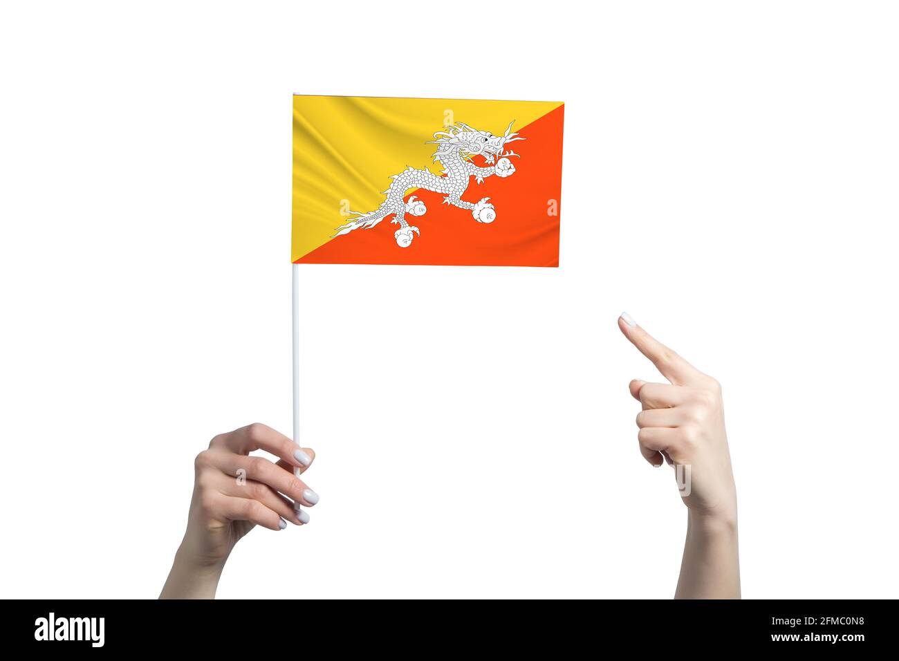 A beautiful female hand holds a Butane flag to which she shows the ...