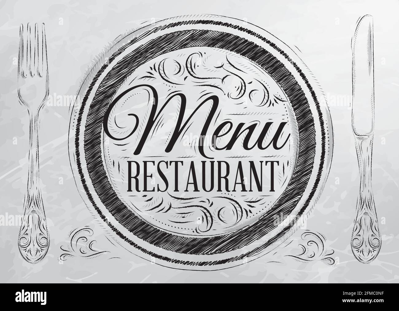 Menu restaurant lettering on a plate with a fork and a spoon on the ...