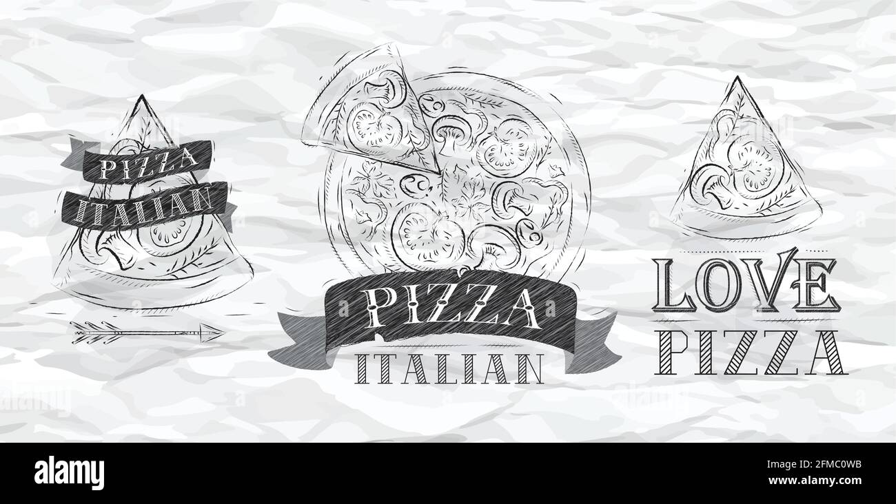 Pizza symbol, icons and a slice of pizza with the inscription Italian ...