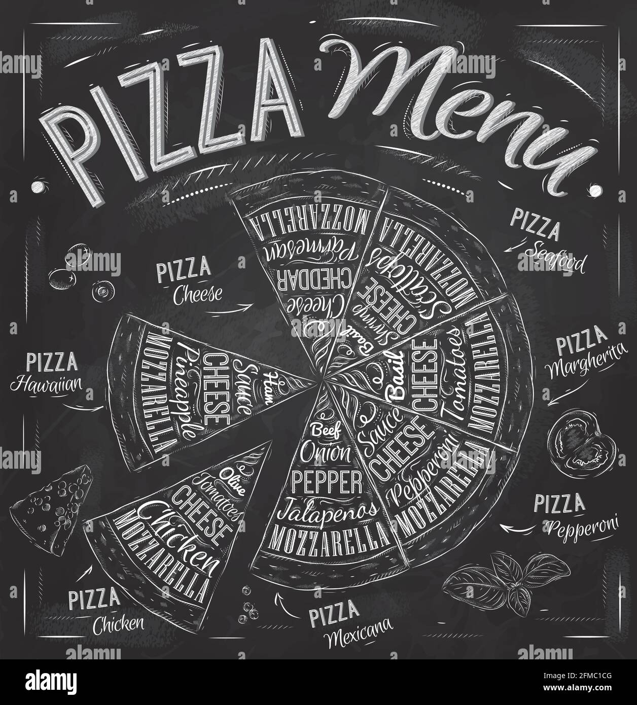 Pizza menu the names of dishes of Pizza, Hawaiian, cheese, chicken ...