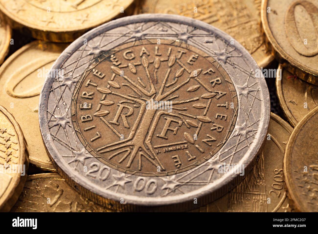 Series of macro shots of euro coins. Reverse of 2 Euro coin. Year of ...
