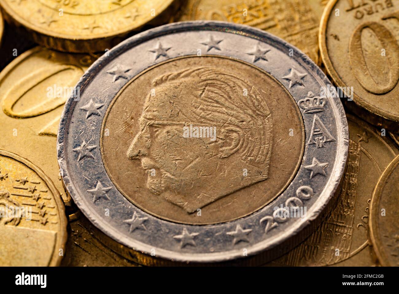 Series of macro shots of euro coins. Reverse of 2 Euro coin. Year of ...