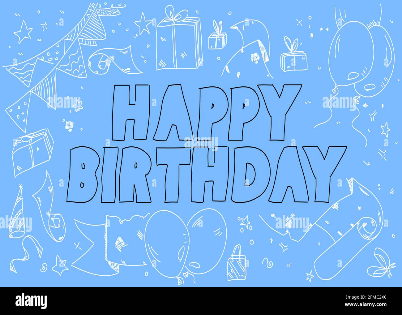 Doodle word Happy Birthday typography. Drawn minimal lines. Simple ...