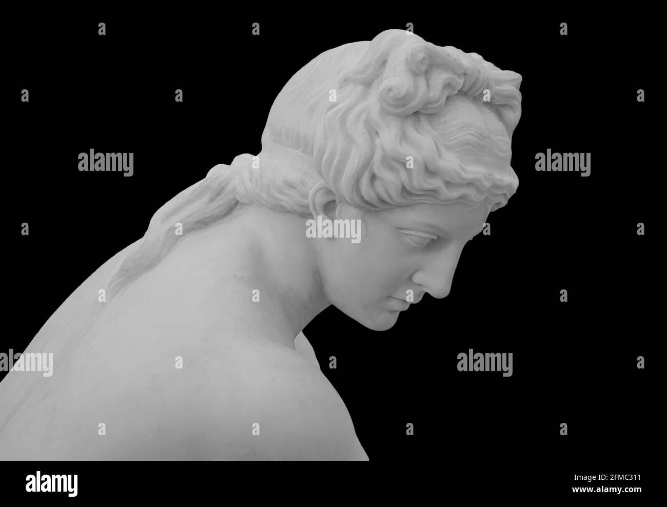 Ancient white marble sculpture head of young woman. Statue of sensual ...