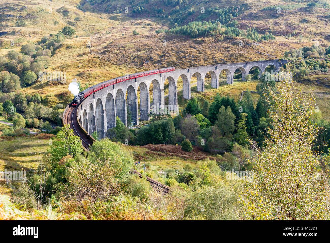 Glenfinnan Railway Viaduct in Scotland, with a steam train crossing ...