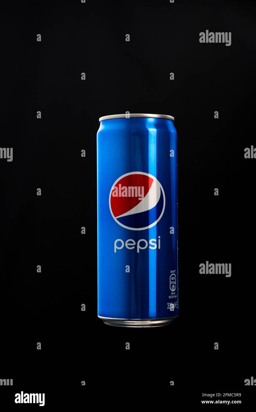 Editorial photo of classic Pepsi can on black background. Studio shot ...