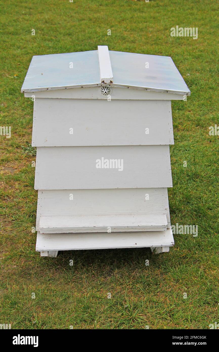 A Traditional White Wood Garden Beehive Home Stock Photo - Alamy