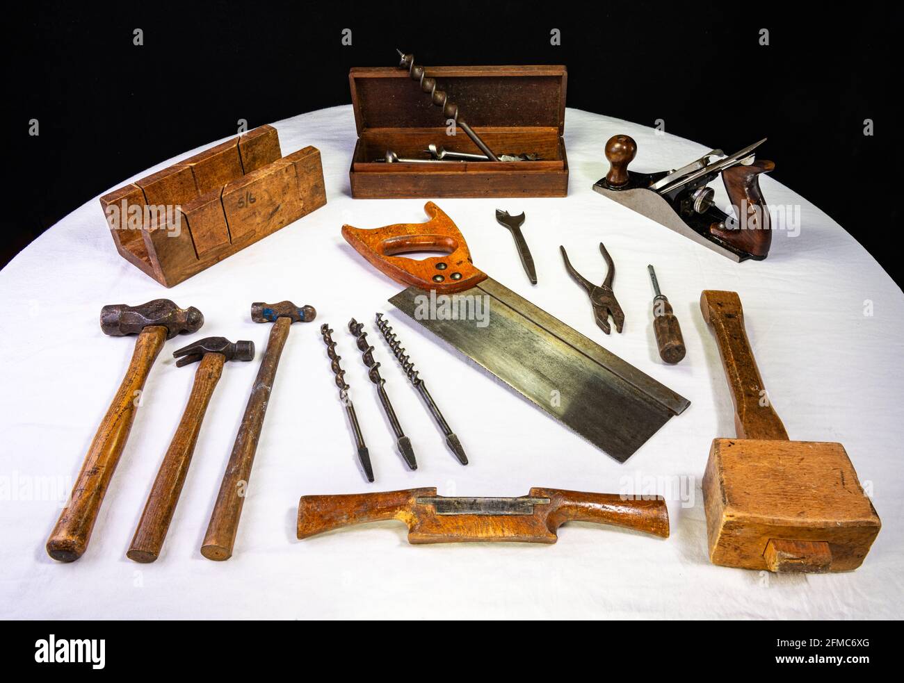 Traditional Woodworking Tools laid out on a dust sheet Stock Photo Alamy