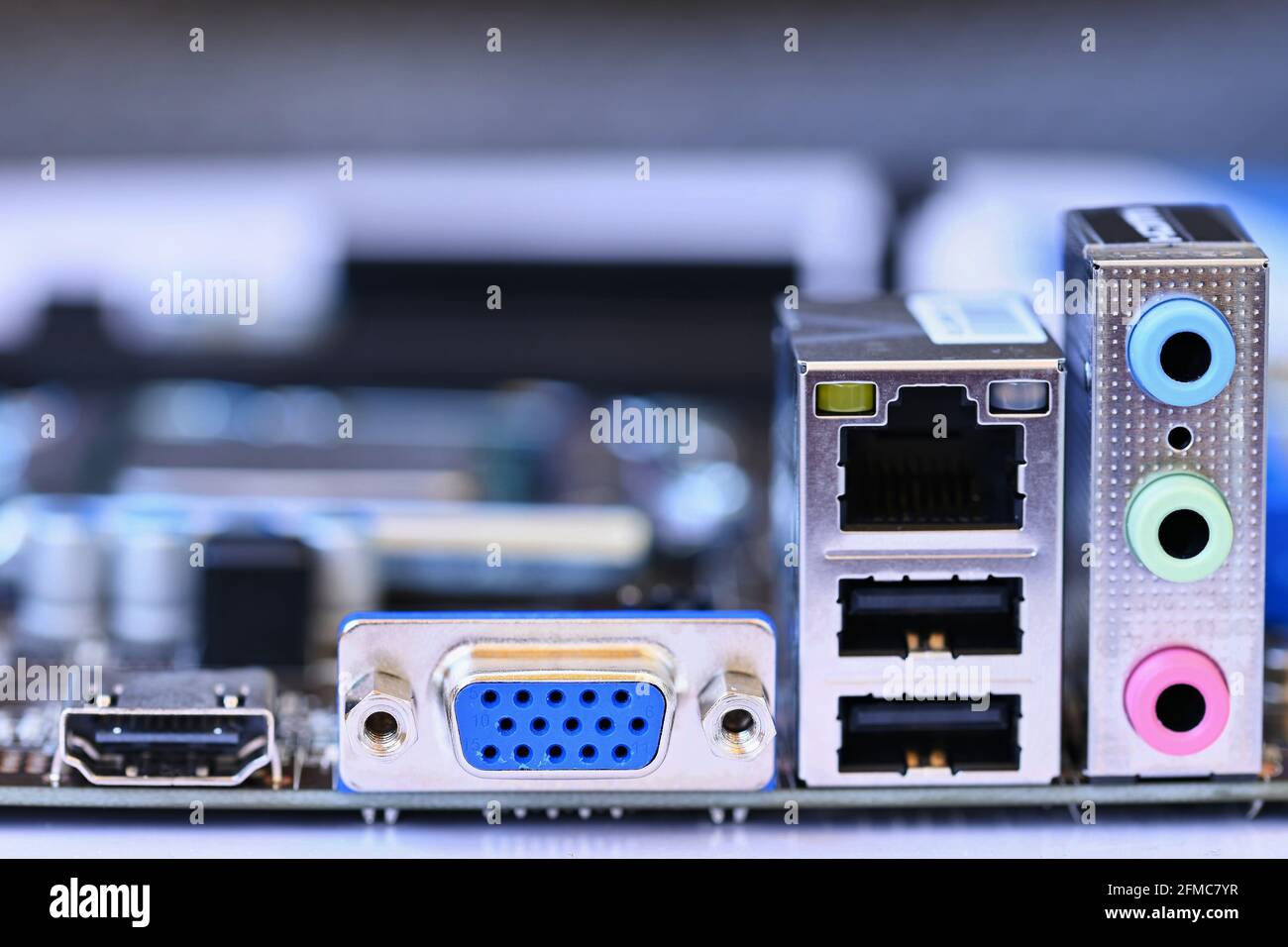 View of the rear connectors of a computer. Internet audio - video Stock ...